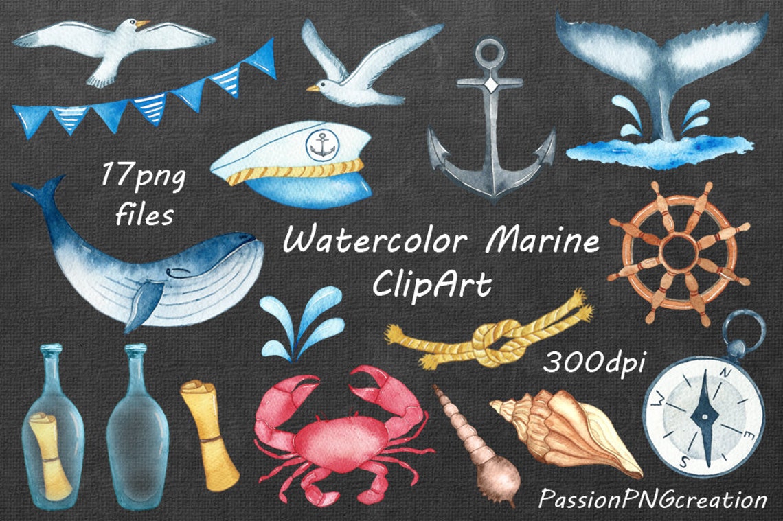 Watercolor Marine Clipart Nautical Watercolor Clip Art PNG - Etsy Australia