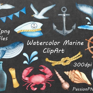 Watercolor Marine Clipart, Nautical Watercolor Clip Art, PNG, Anchor ...