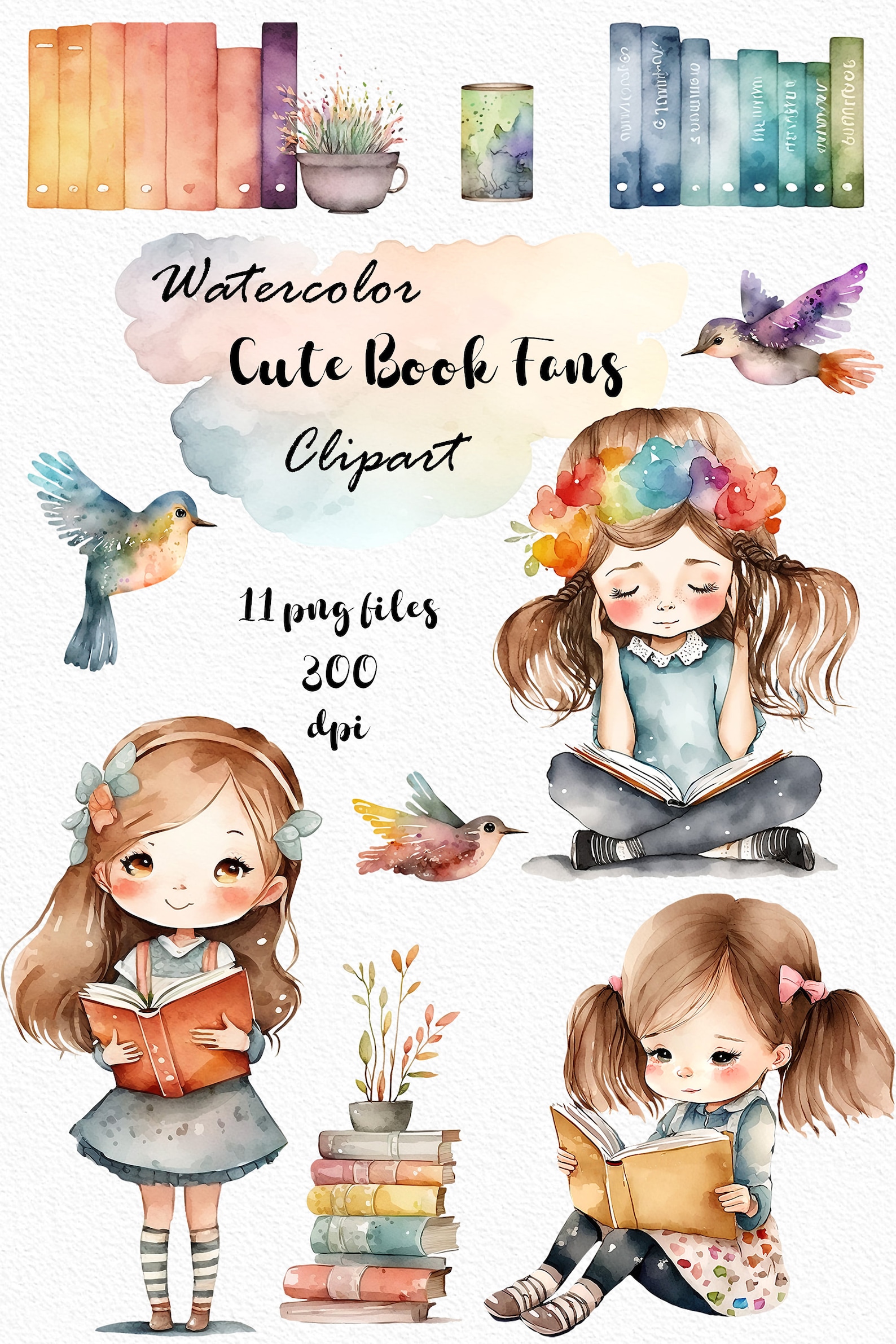 Watercolor Clipart of Cute Little Girls Reading Books Perfect for ...