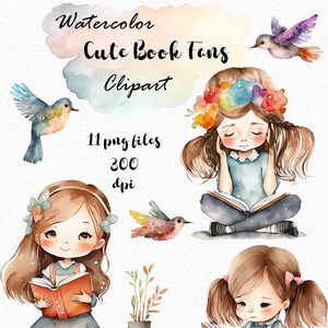 Watercolor Clipart of Cute Little Girls Reading Books - Perfect for ...