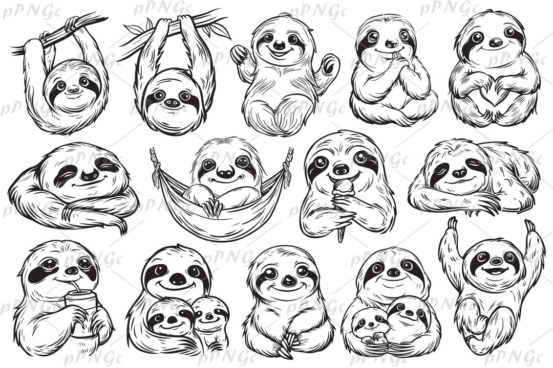 Doodle Sloths SVG Clipart Set, PNG, Files for Cricut, Animal Graphics ...