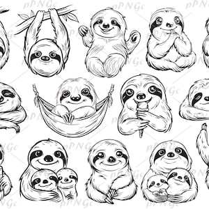 Doodle Sloths SVG Clipart Set, PNG, Files for Cricut, Animal Graphics ...