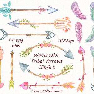 BIG SET of Watercolor Tribal Arrows Clip Art, Handpainted Clipart, PNG ...