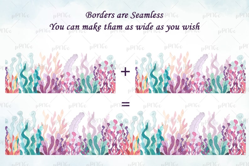 Watercolor Seaweed Borders Clipart: Seamless PNG Overlays (digital ...