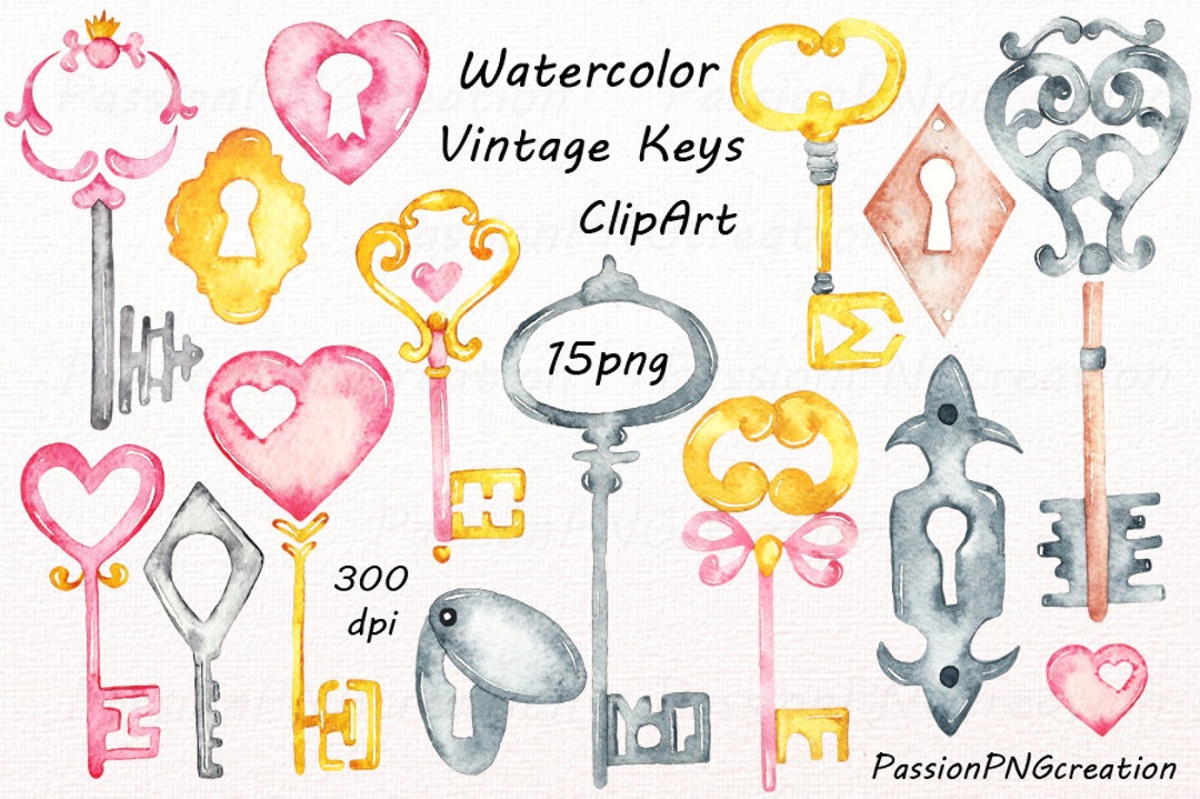 Watercolor Vintage Keys Clipart, Love Key Clip Art, Watercolor Keyholes ...