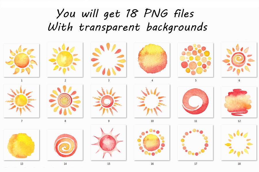 Watercolor Sun Clipart Digital Sun Clip Art Watercolour | Etsy