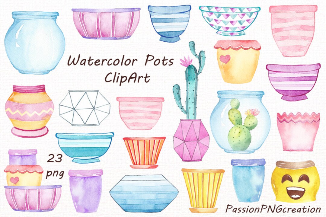 Watercolor Flower Pots Clipart, Pot Clipart, Digital Watercolor ...