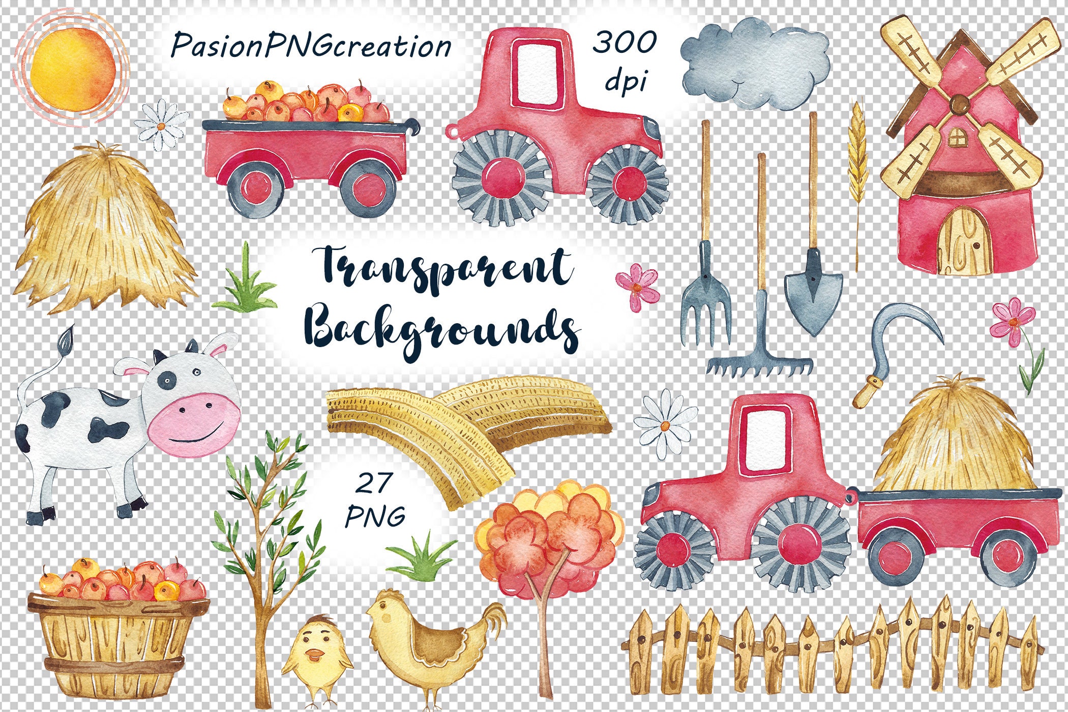 Watercolor Farm Clipart Watercolour Farm Clip Art Mill - Etsy