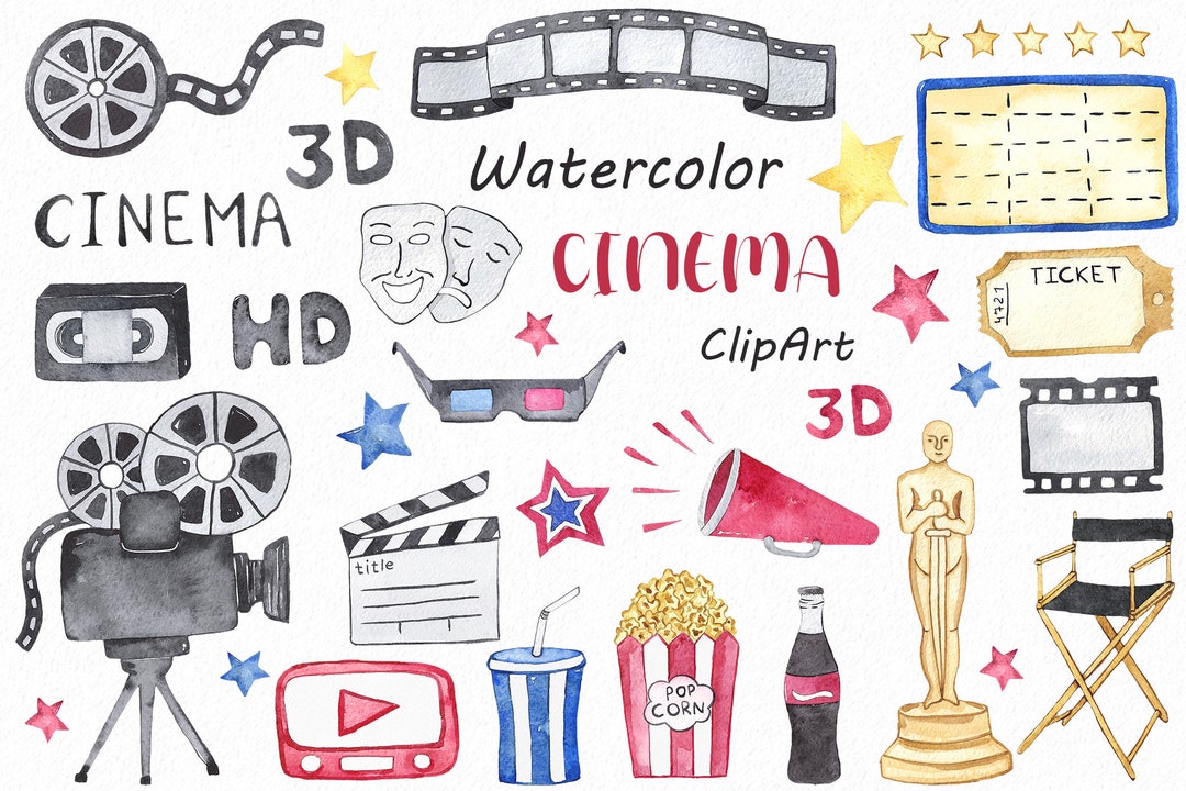 Movie Clipart, Watercolor Cinema Clipart, Film, Popcorn, Movie Theatre ...