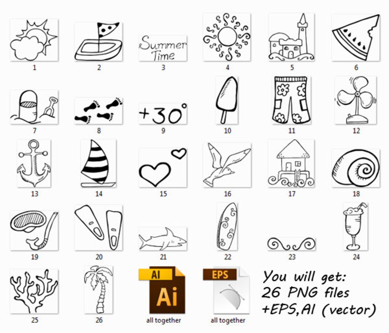 Doodle Summer Clipart Hand Drawn Vacation Clipart Digital - Etsy