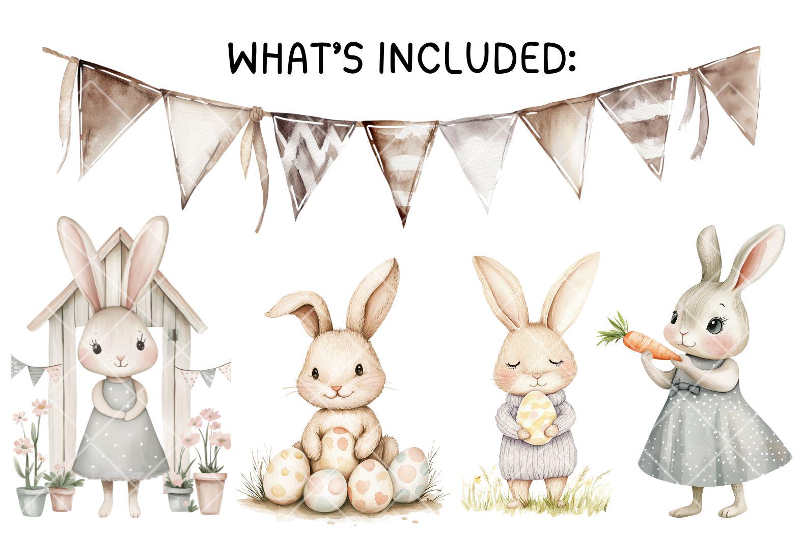 Cute Easter Bunny Clipart Bundle - 32 PNG Watercolor Stickers, Spring ...