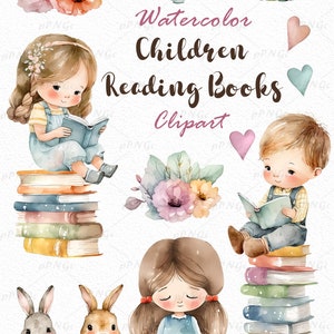 Watercolor Children Reading Books Clipart, Kids Love Books, Png Files ...