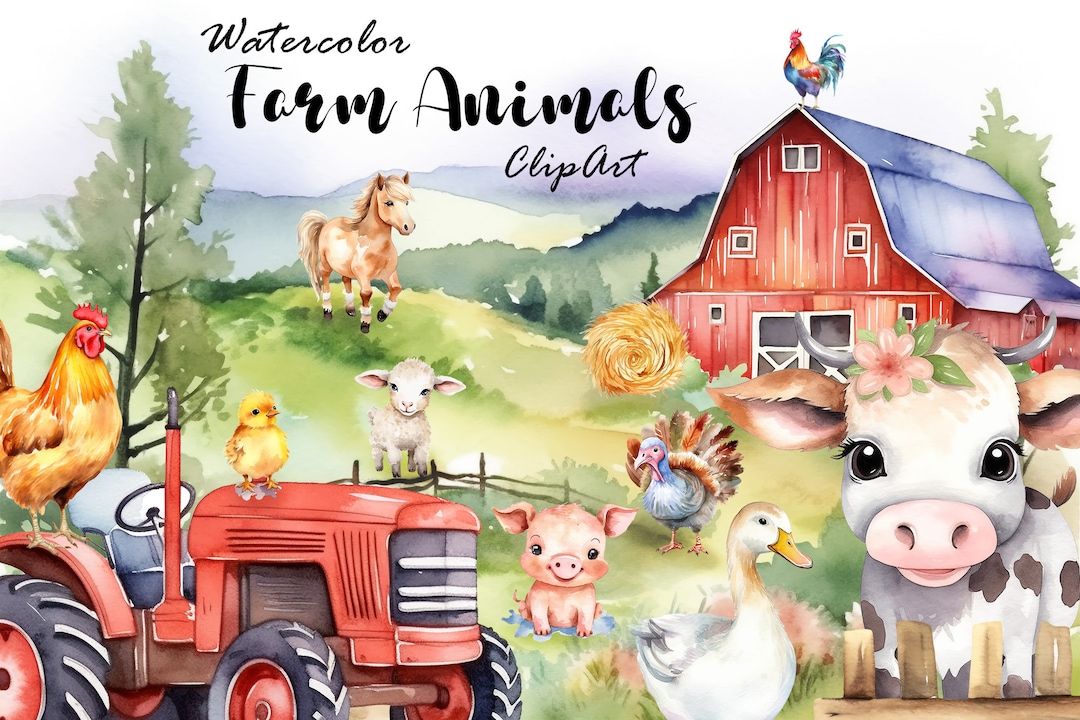 Watercolor Farm Animals Clipart: DIY Scrapbooking Elements (digital ...