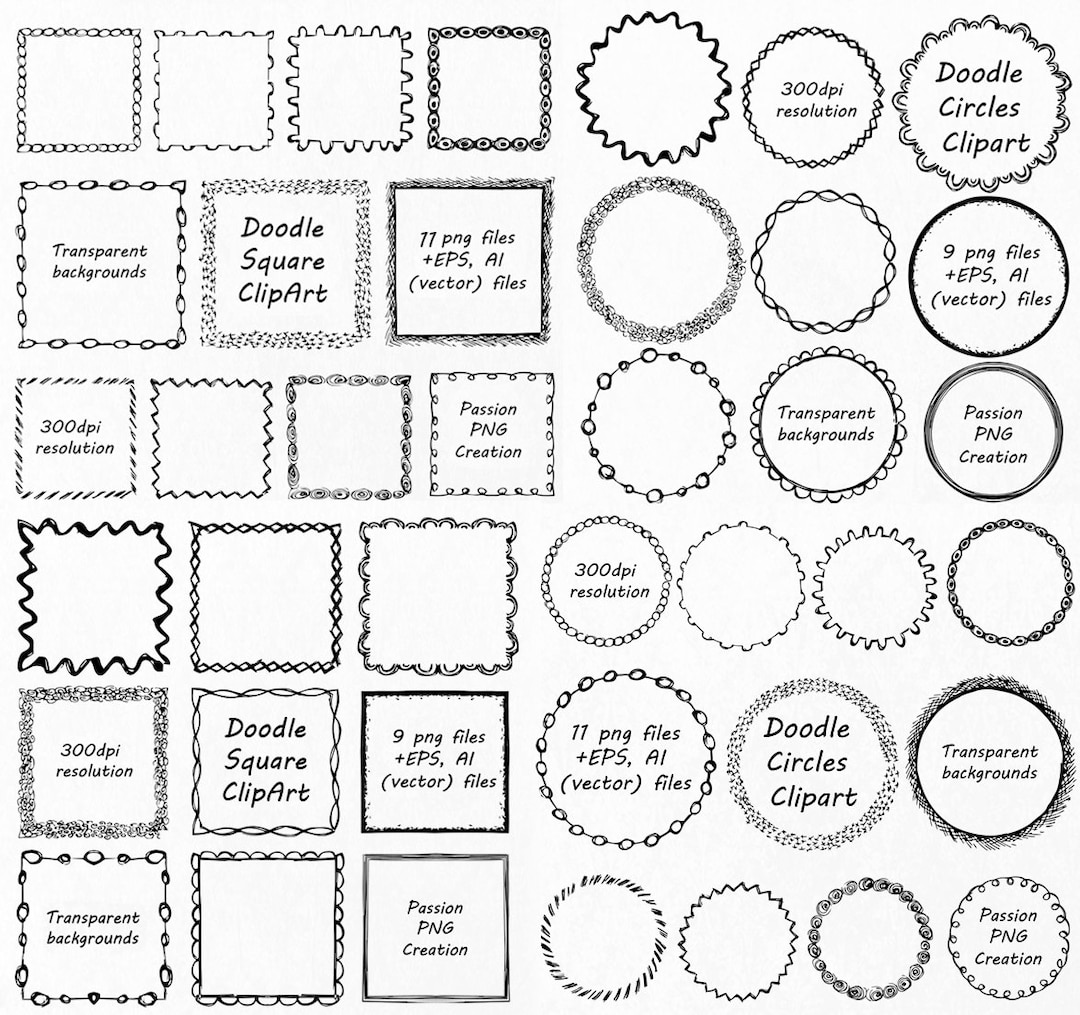BIG SET Doodle Frames Clipart Square and Round Frames - Etsy Canada
