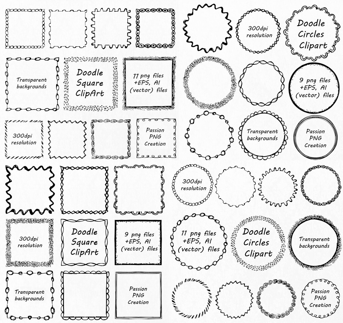 BIG SET Doodle Frames Clipart Square and Round Frames - Etsy Canada