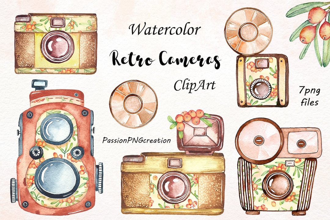 Watercolor Retro Camera Clipart, Watercolor Photocamera, Photo Frame ...
