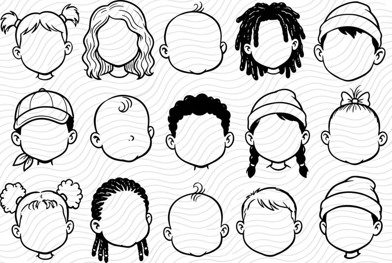 Diverse Kids Faces Clipart SVG Bundle, 15 Faceless Children Heads ...