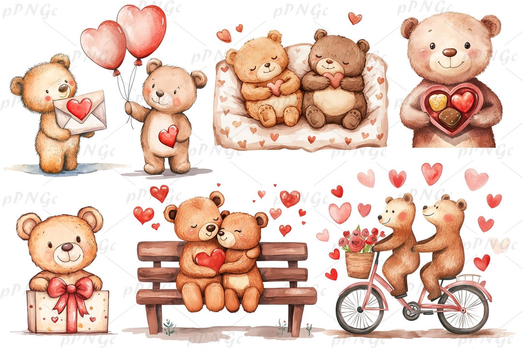 Valentine Bears Clipart Bundle, Cute Teddy Bear PNG Stickers, Romantic ...