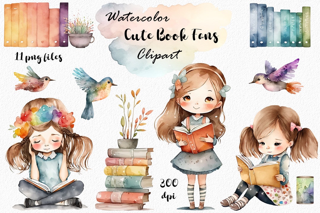 Watercolor Clipart of Cute Little Girls Reading Books - Perfect for ...