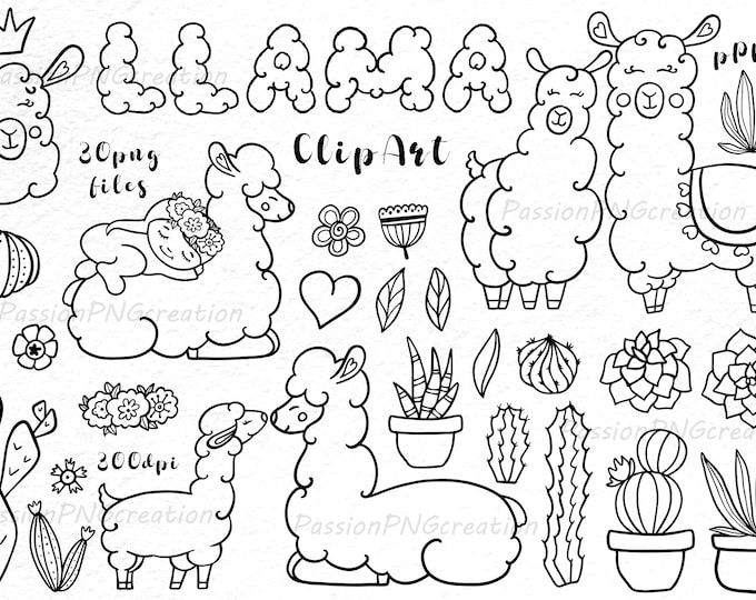 Llama Clipart Bundle, Alpaca Clip Art, Cactus Digital Stamp, Animals ...