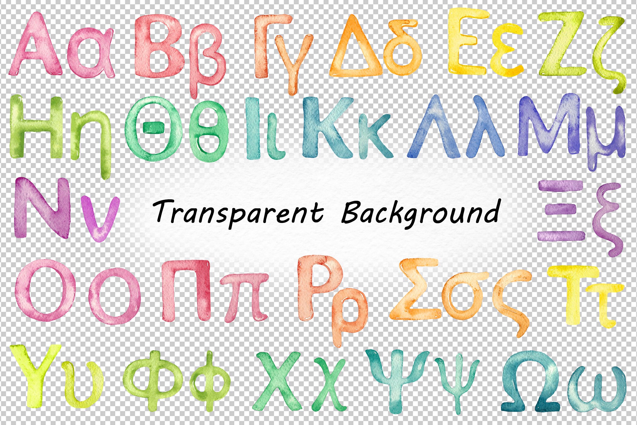 Watercolor Greek Alphabet Clipart: Rainbow Letters (PNG Digital ...