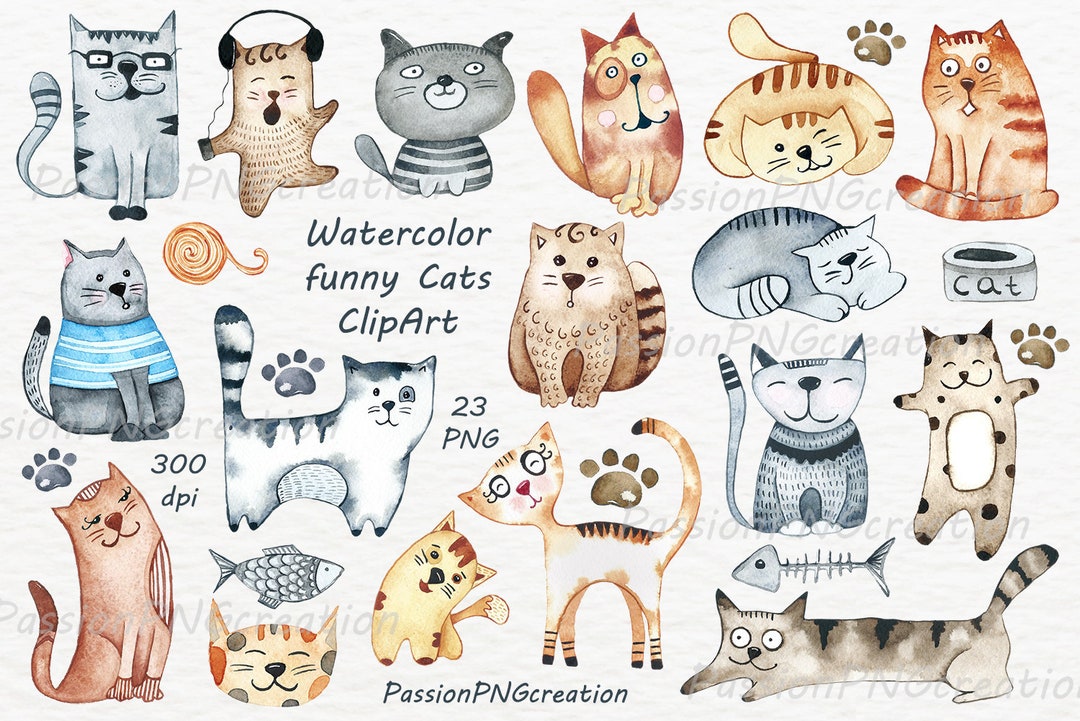Watercolor Cats Clipart, Domestic Animals, Instant Download, Digital ...