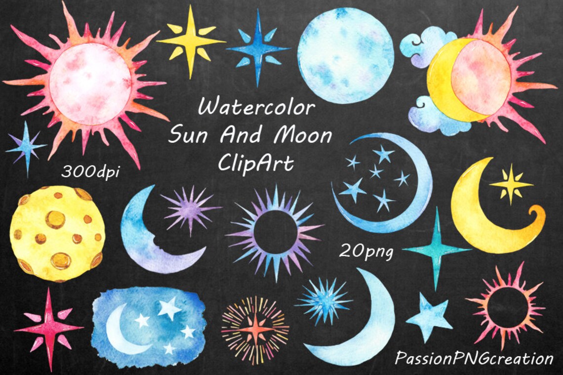 Watercolor Sun Moon Clipart Watercolor Stars Watercolour - Etsy UK