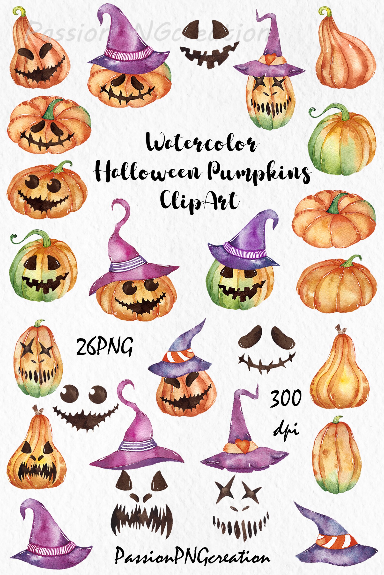 Watercolor Halloween Pumpkins Clipart, Jack-o-lanterns Spooky Clipart ...