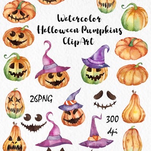 Watercolor Halloween Pumpkins Clipart, Jack-o-lanterns Spooky Clipart ...