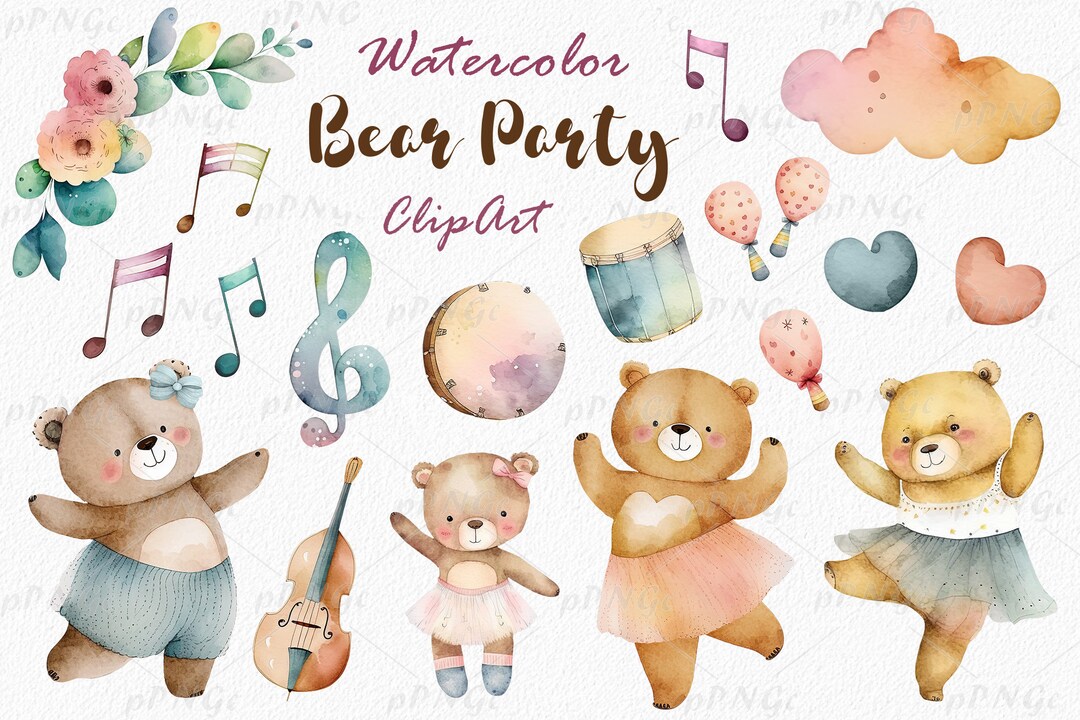 Watercolor Dancing Bears Clipart: Musical Instruments, Notes (PNG) - Etsy