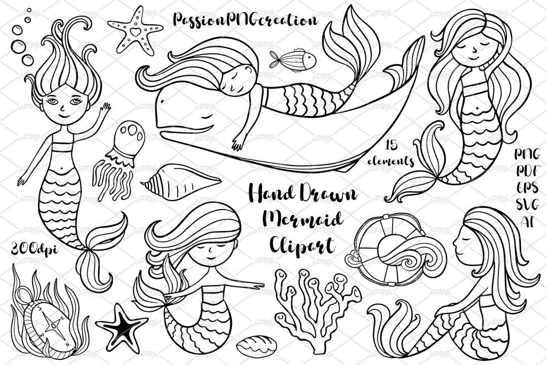 Hand Drawn Mermaid Clipart, Digital Stamps, Cute Coloring Mermaids, Sea ...