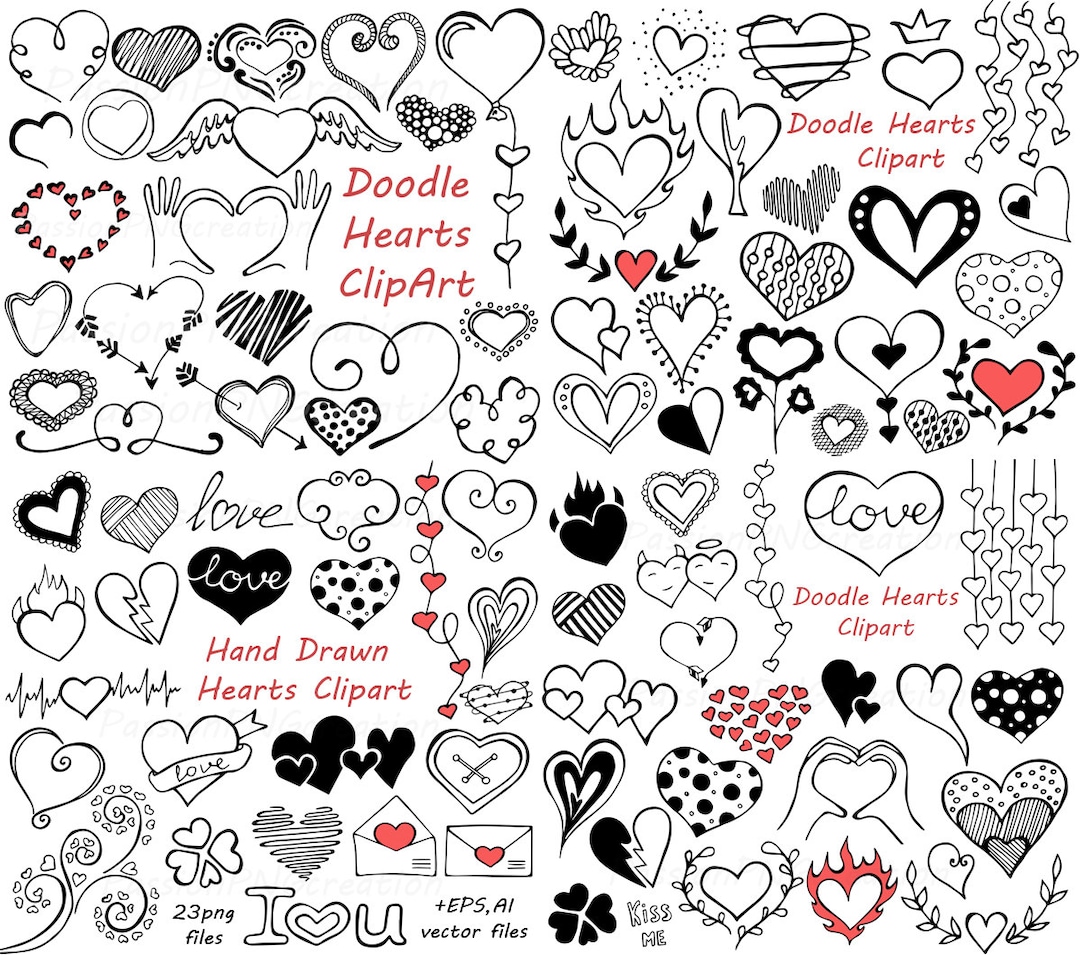 Doodle Hearts Clipart Set: 90 PNG, Vector EPS, AI Files (digital ...
