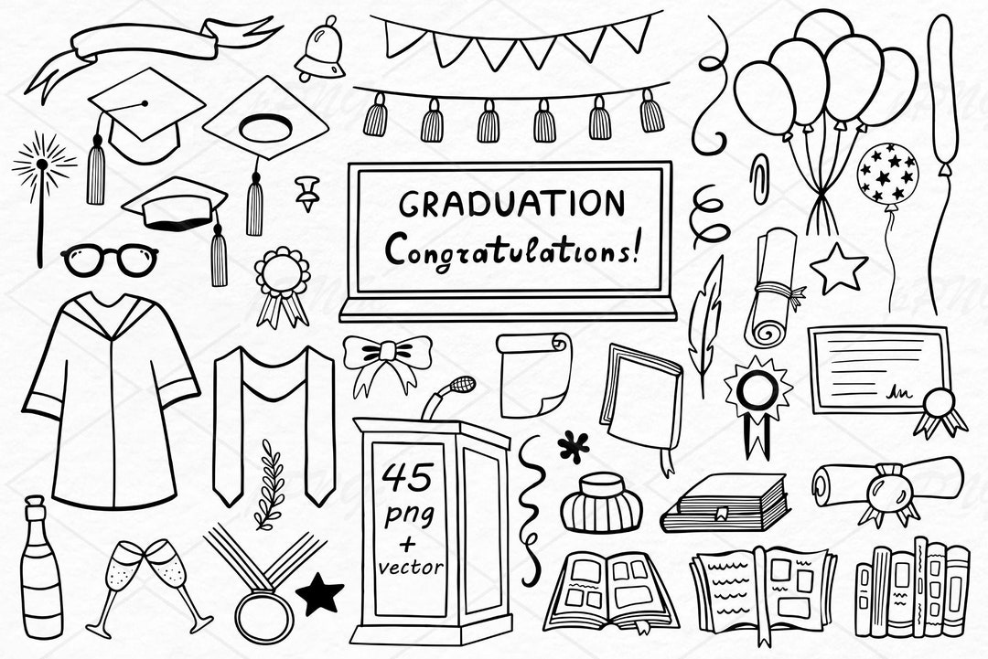 Doodle Graduation Clipart, Cap, Png Files 300 Dpi, Eps, Ai, Svg, Pdf ...