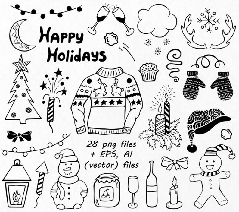 Christmas Doodles Clipart Christmas Doodles Doodle Clip Art | Etsy