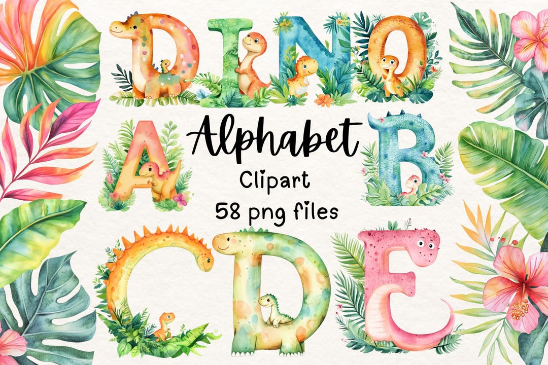 Dinosaur Alphabet Clipart Bundle: Watercolor Letters, Tropical Leaves ...