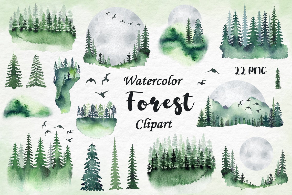 Watercolor Forest Clipart Landscapes Individual PNG Files - Etsy
