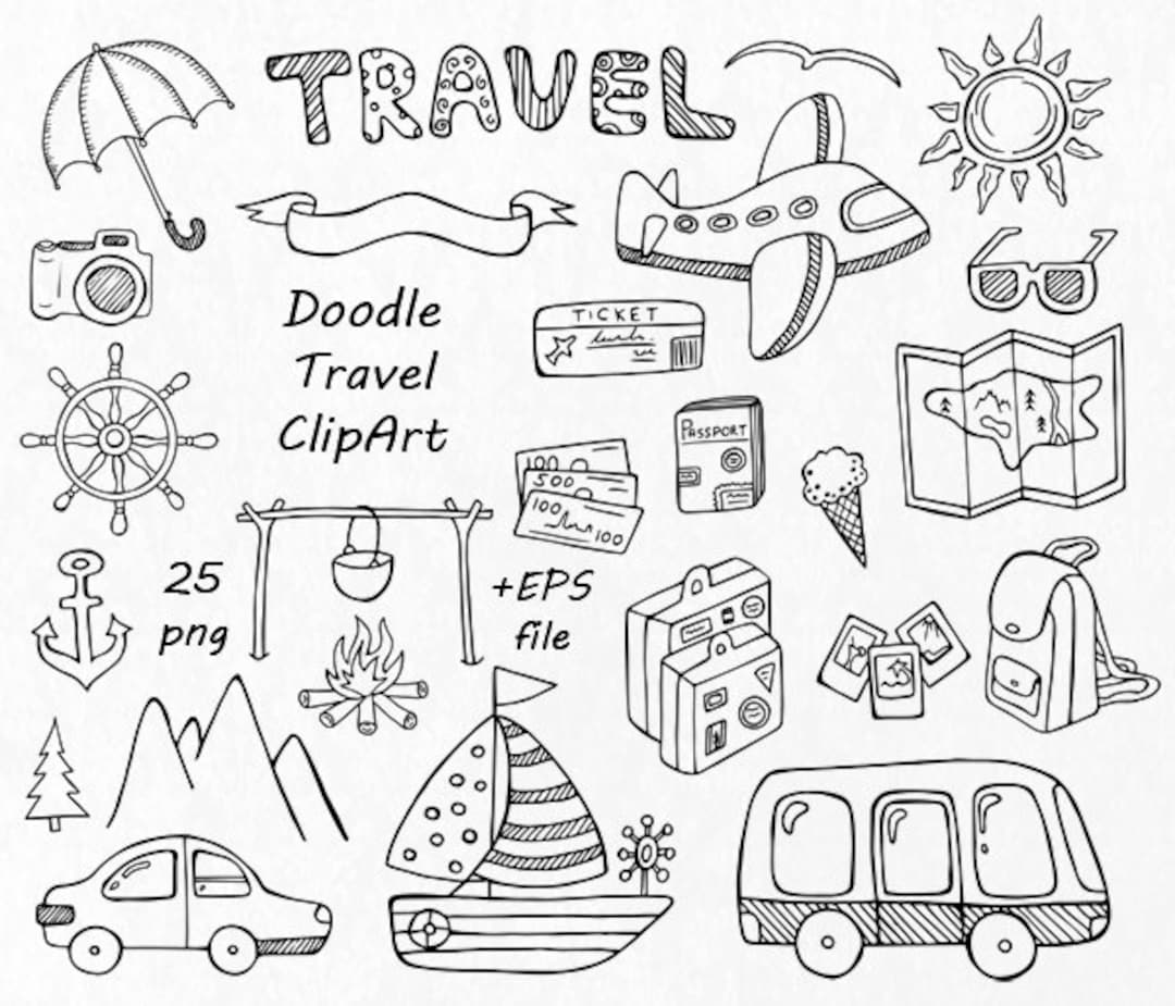 Doodle Travel Clipart, Hand Drawn Summer Clipart, Digital Clip Art, PNG ...