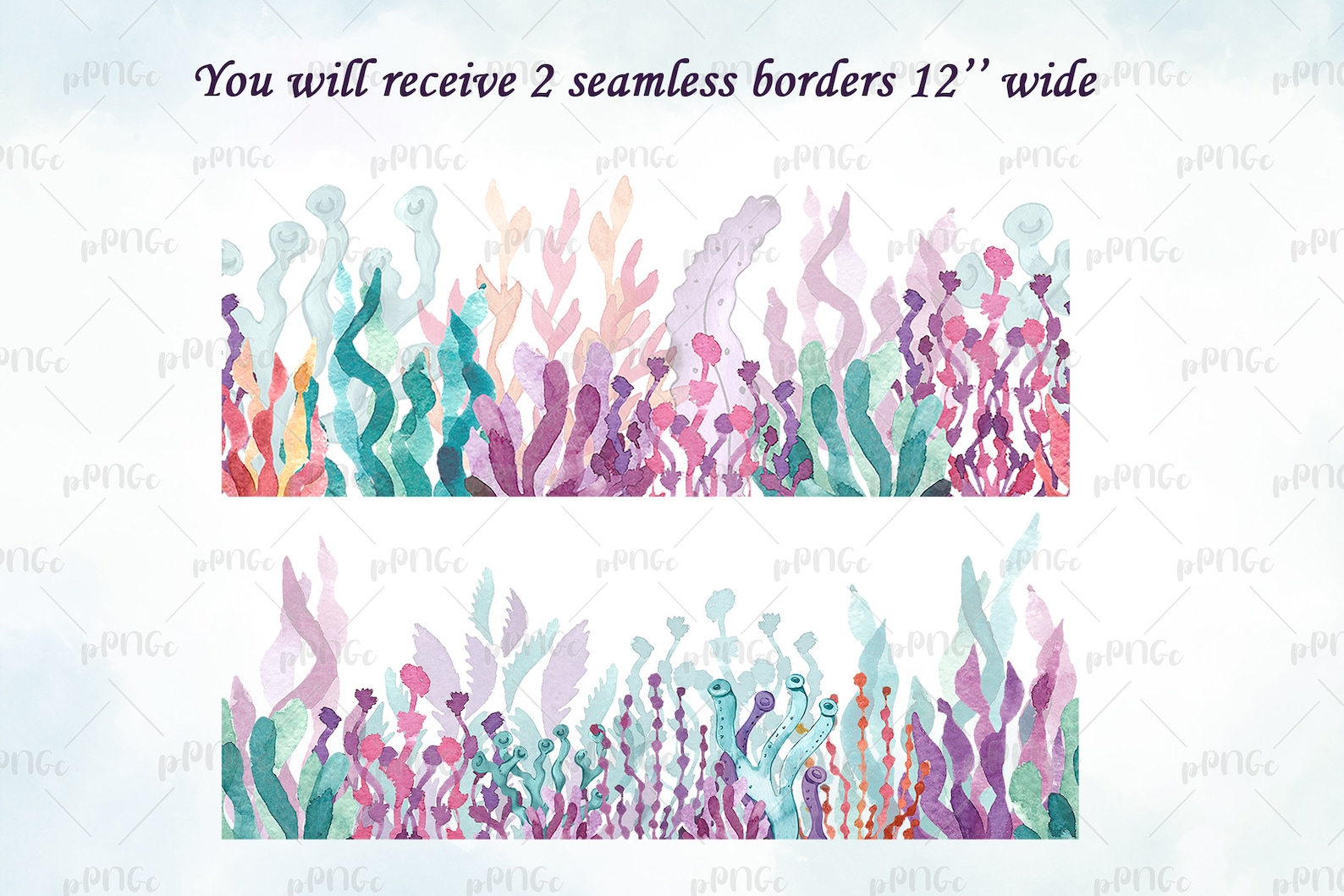 Watercolor Seaweed Borders Clipart: Seamless PNG Overlays (digital ...