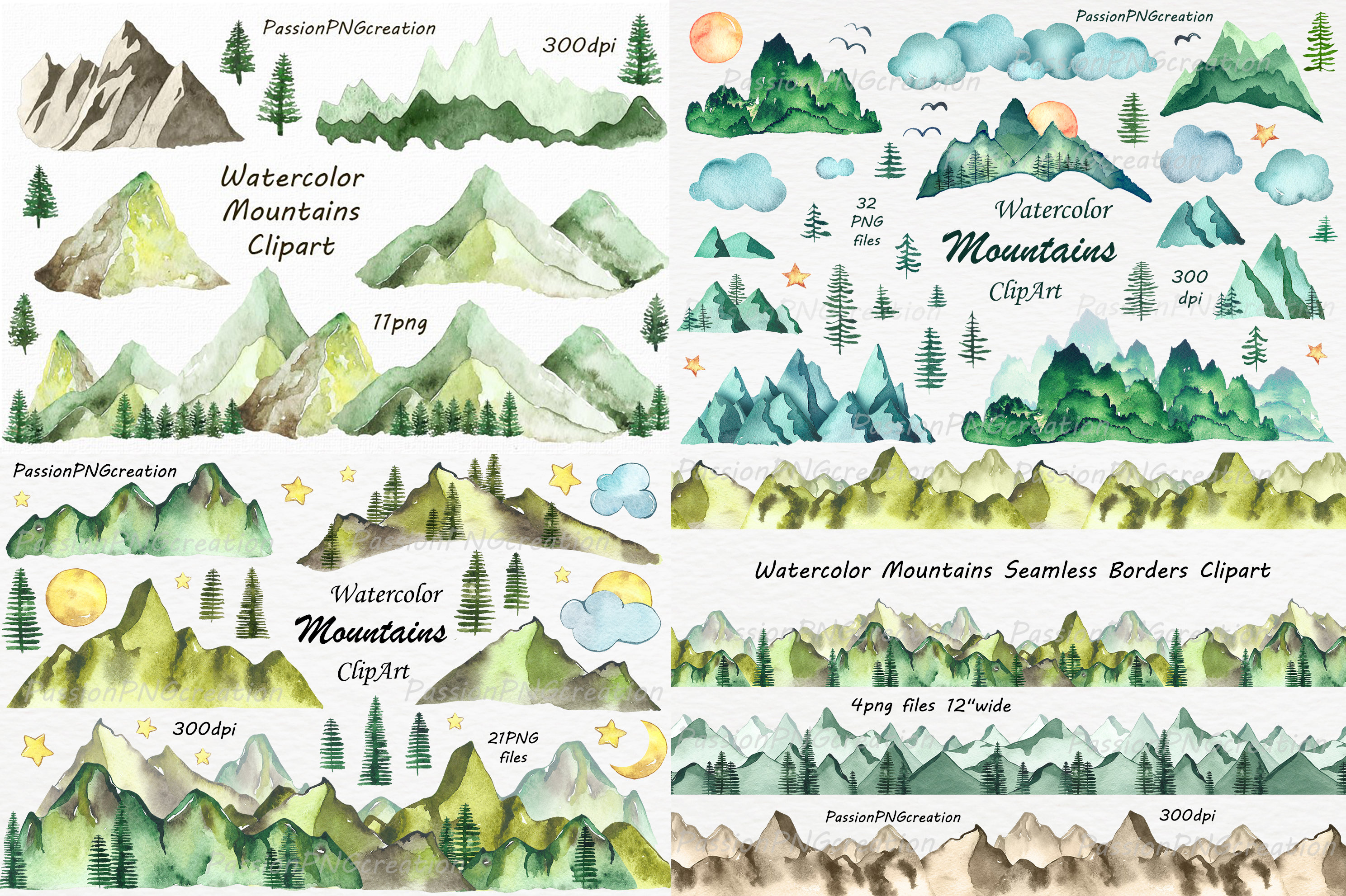 Grote Set van Aquacolor Mountains Clipart PNG Aquarel | Etsy