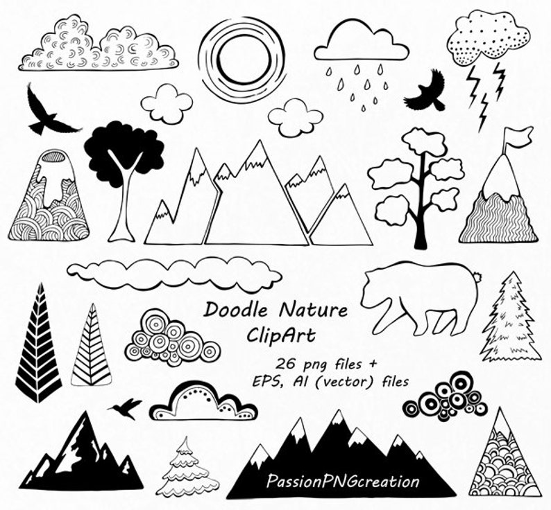Doodle Nature Clipart Hand Drawn Mountain Clipart Clouds - Etsy