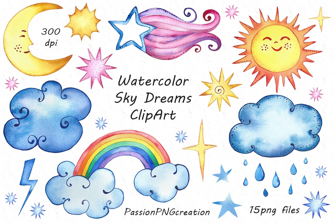 Watercolor Sky Clipart: Sun, Moon, Stars (PNG Digital Download) - Etsy