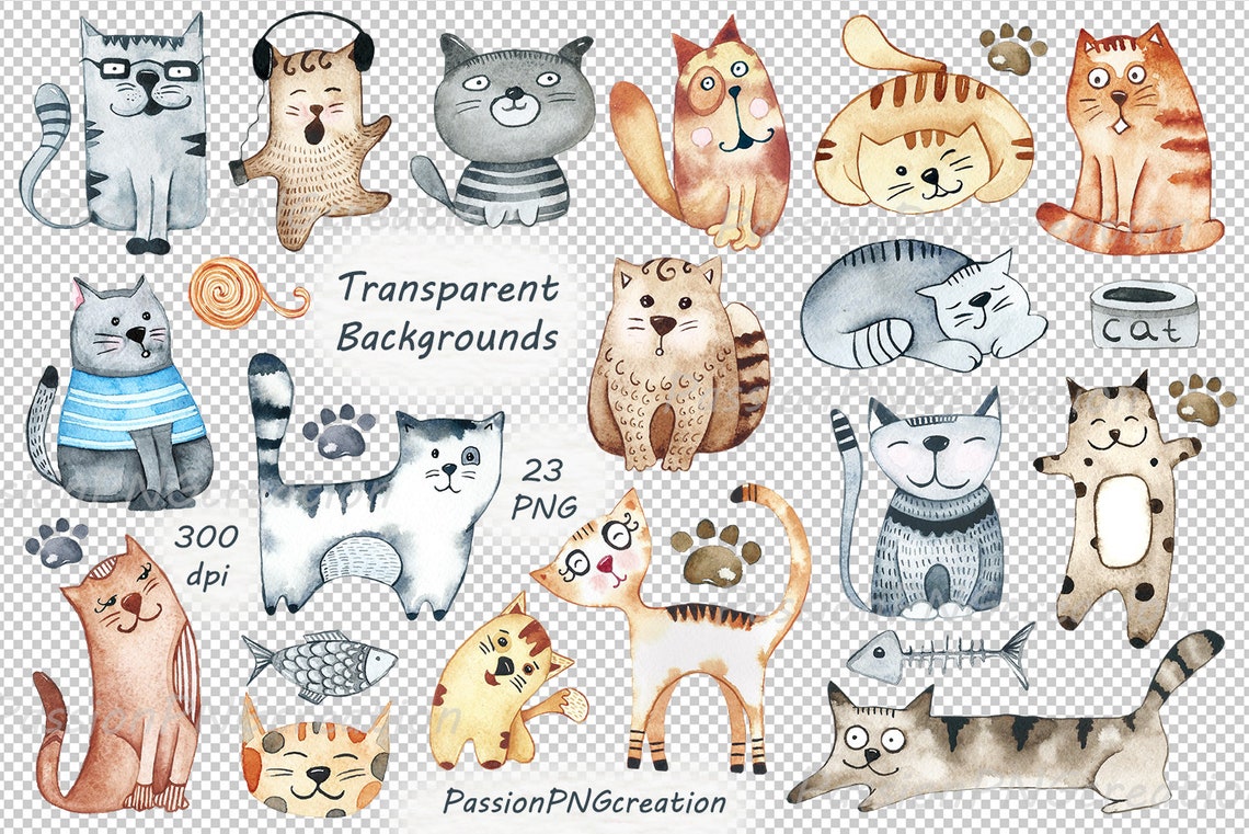 Watercolor Cats Clipart Domestic Animals Instant Download - Etsy