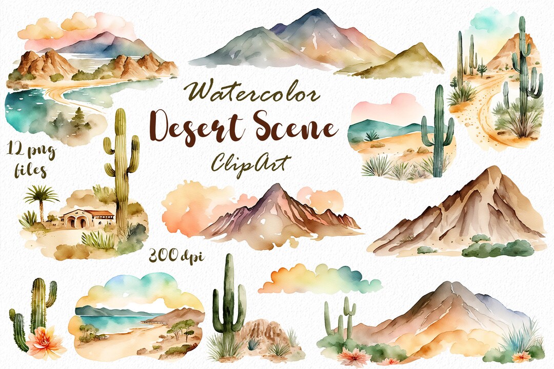 Watercolor Desert Clipart: PNG Files Cactus Illustrations & Mountain ...