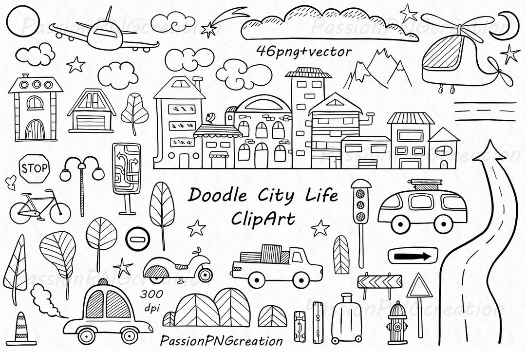 Doodle City Life Clipart, Hand Drawn Houses Illustration, Trees, Cars ...
