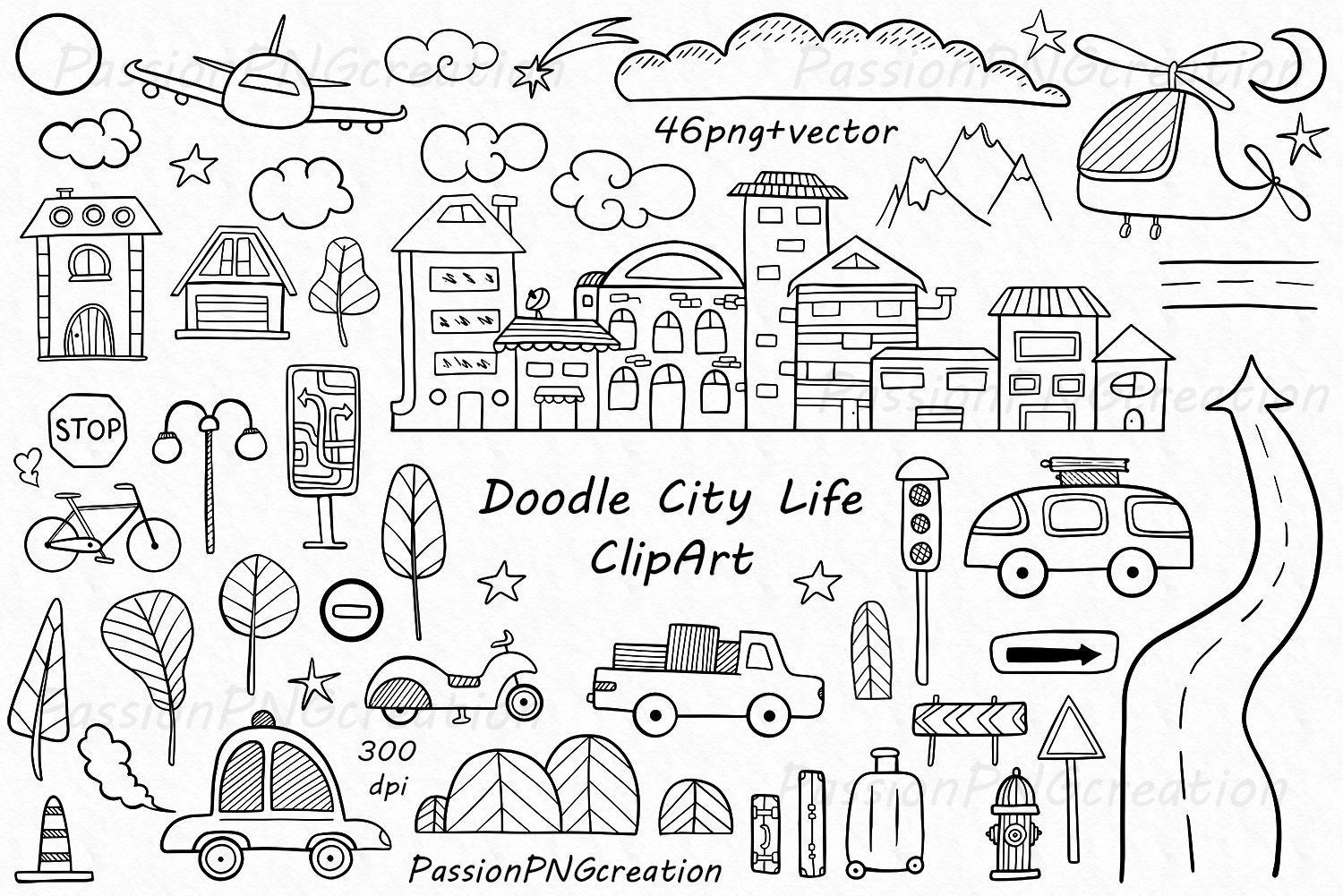 Doodle City Life Clipart: Hand-drawn Vector Illustrations (PNG, EPS, AI ...