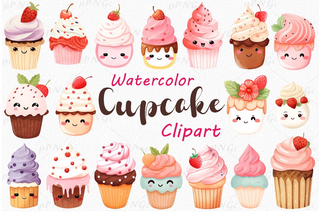 Whimsical Watercolor Cupcake Clipart - Sweet, Cute, Birthday, Bakery ...