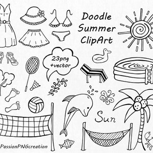 BIG SET of Doodle Summer Cliparts, Hand Drawn Vacation Clipart, Digital ...
