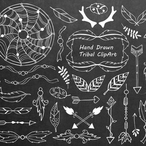 White Hand Drawn Tribal Clipart, Outline Art, Dream Catcher, Arrows ...