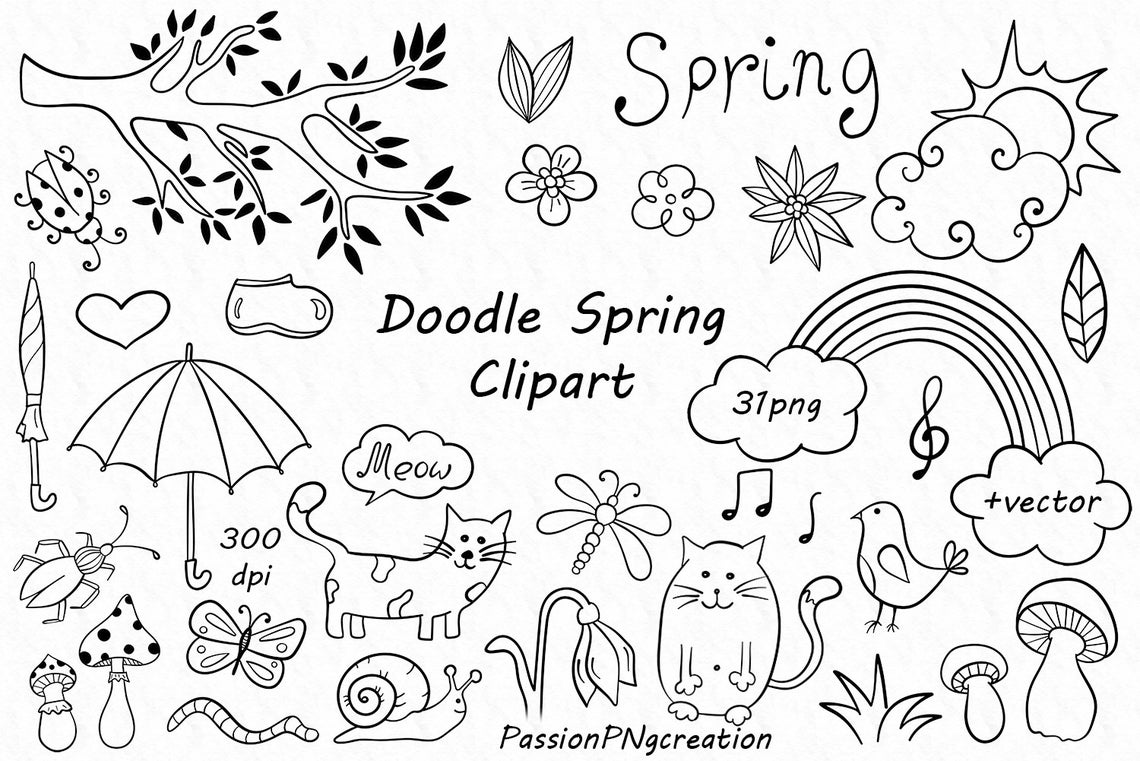 Doodle Spring Clipart Weather Clipart Lineart Hand Drawn - Etsy