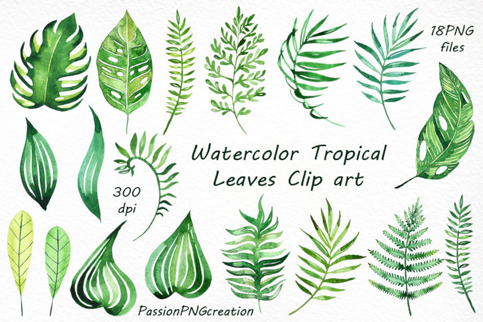 Watercolor Tropical Leaves Clip Art Handpainted Clipart PNG | Etsy